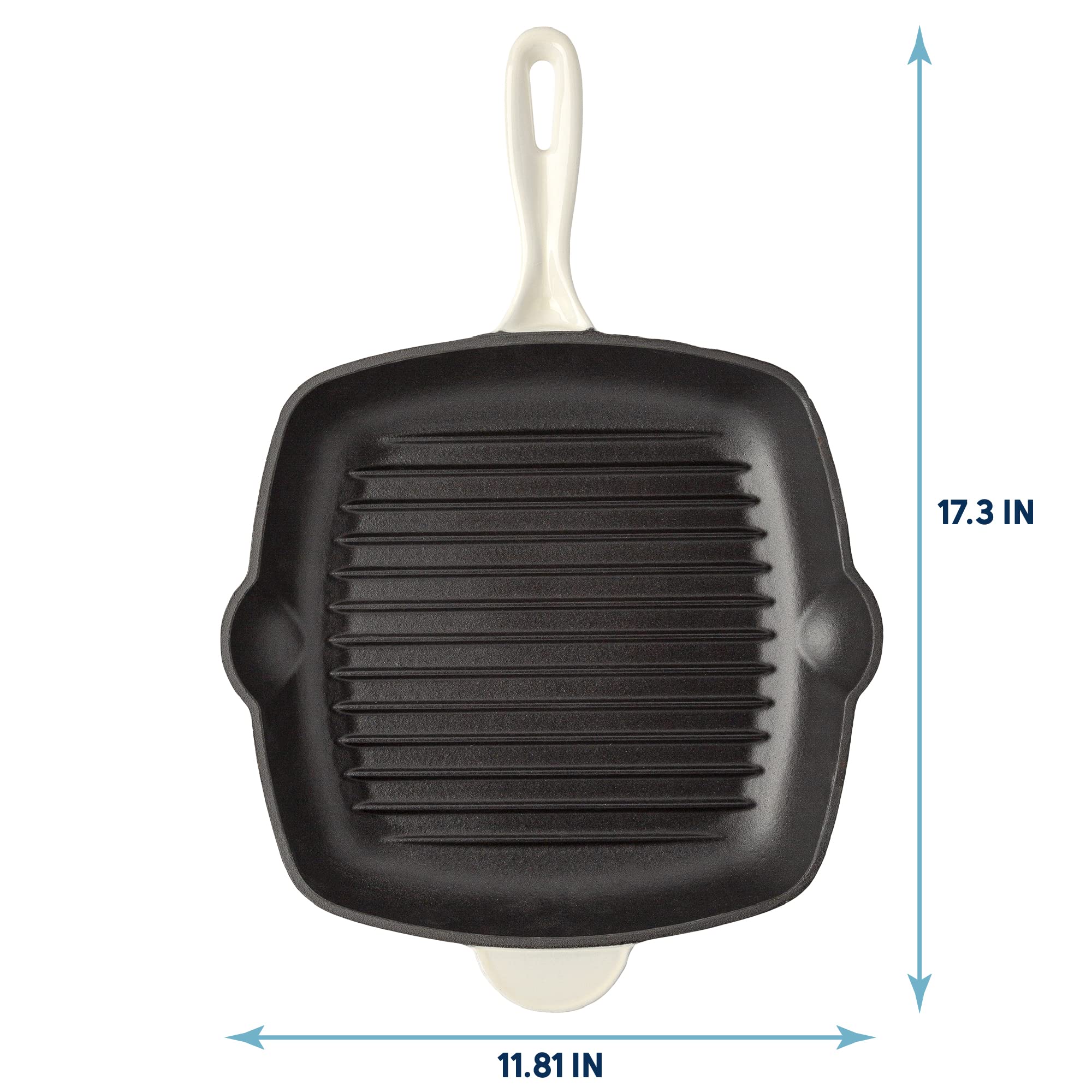 Country Living Enameled Cast Iron Square Griddle Grill Pan with Ridges, Helper Handle and Pouring Spouts for Easy Draining, Indoor Grilling Skillet, 11-Inch, Cream