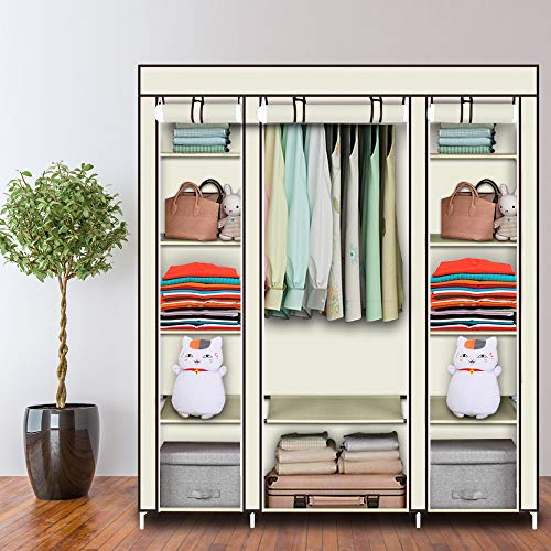 SoSo-BanTian1989 Metal Frame Portable Closets Fabric Wardrobe, Clothing Cabinet Storage Organizer with Dustproof Cover (Beige)