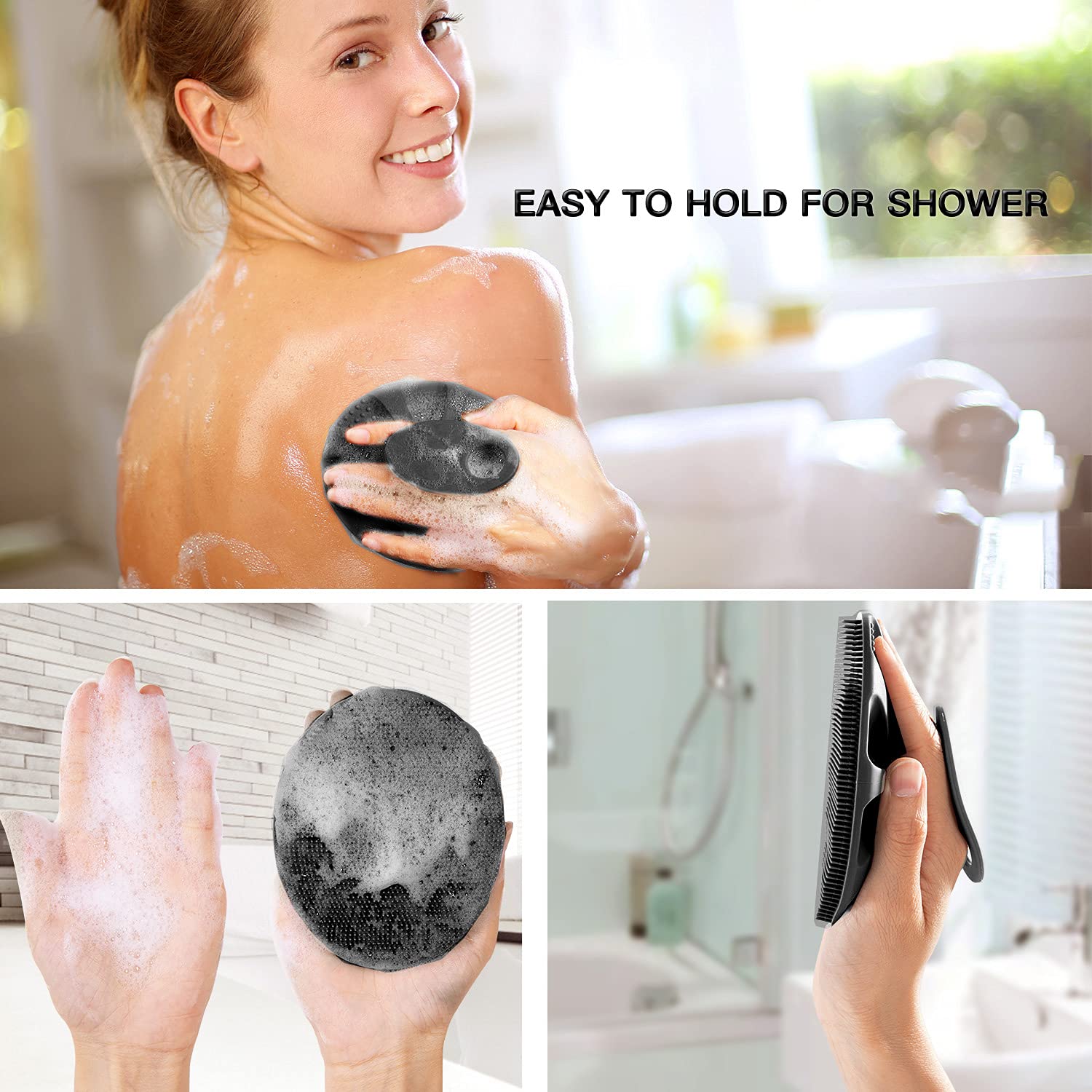 INNERNEED Soft Silicone Body Scrubber Handheld Shower Cleansing Brush, Gentle Exfoliating and Massage for all Kinds of Skin (Black)