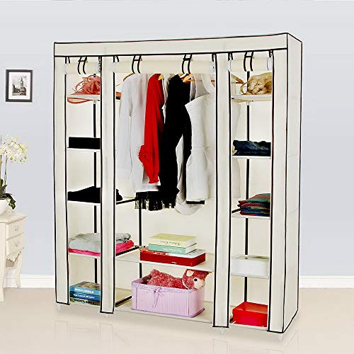 SoSo-BanTian1989 Metal Frame Portable Closets Fabric Wardrobe, Clothing Cabinet Storage Organizer with Dustproof Cover (Beige)