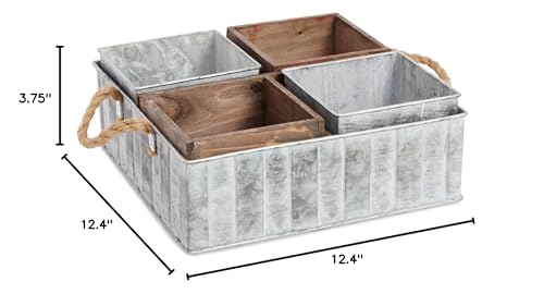 Farmlyn Creek 5 Piece Galvanized Metal Tray with Dividers and Removable Wooden Storage Boxes, Rustic Kitchen Decor (13 x 5 In)