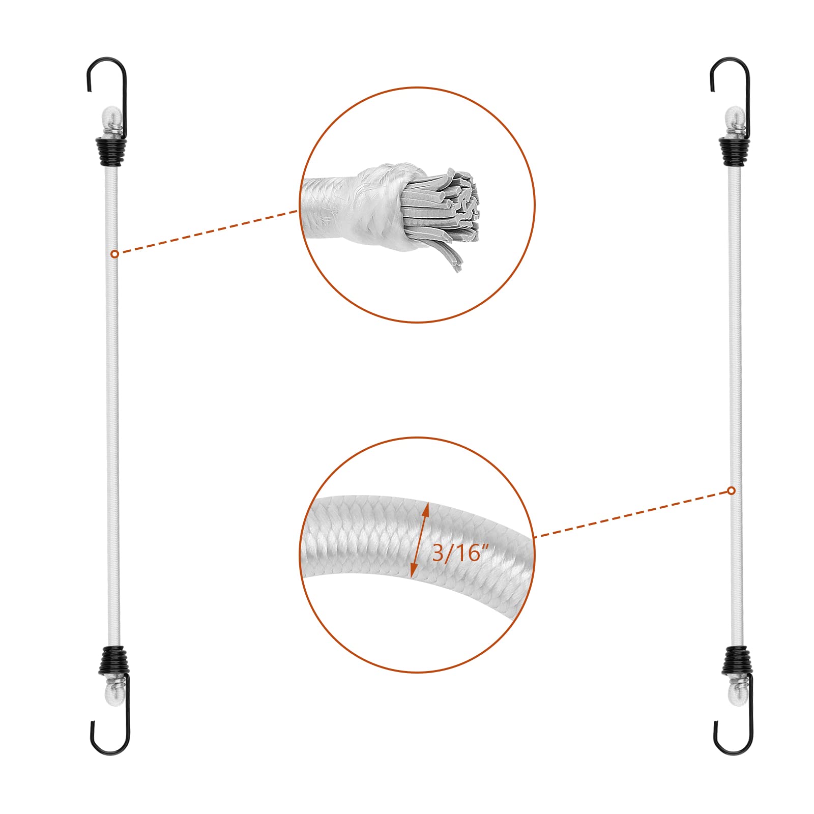 ZHOUBIN 9 inch Mini Short White Bungee Cords with Hooks, 12 Pcs