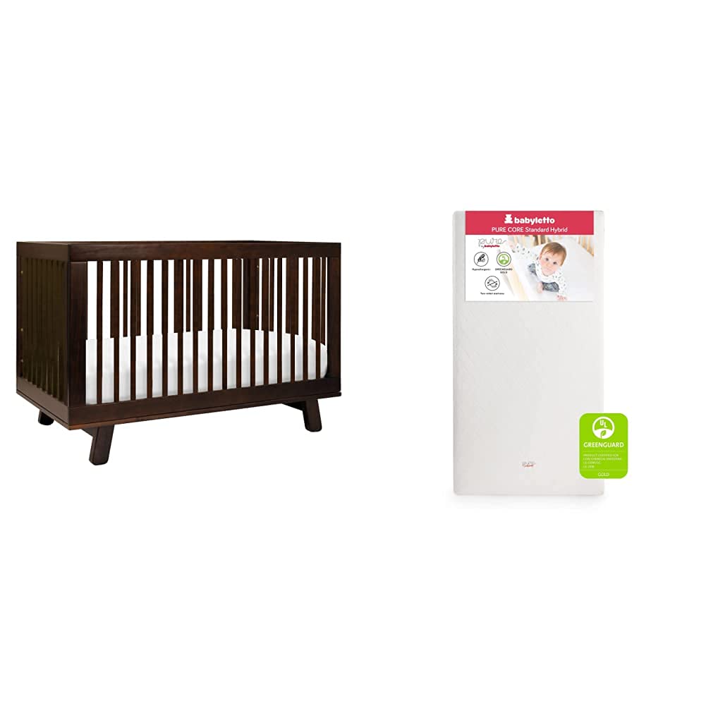 babyletto Hudson 3-in-1 Convertible Crib with Toddler Bed Conversion Kit in Espresso with Pure Core Crib Mattress Hybrid Quilted Waterproof Cover, Greenguard Gold Certified