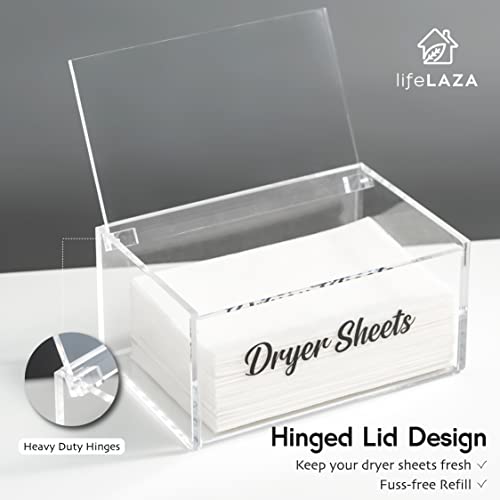 LifeLAZA Acrylic Dryer Sheet Dispenser with Hinged Lid, Clear Dryer Sheet Holder for Fabric Softener Sheets, Transparent Container Storage Box for Laundry Room Decor