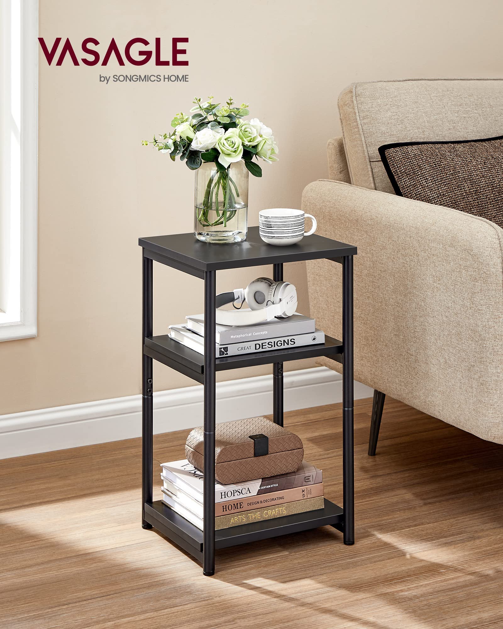 VASAGLE Side Table, Small End Table, Tall Nightstand for Living Room, Bedroom, Office, Bathroom, Classic Black ULET273B16