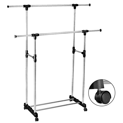 HEAVY DUTY-Double Adjustable Portable Clothes Rack Hanger Extendable Rolling