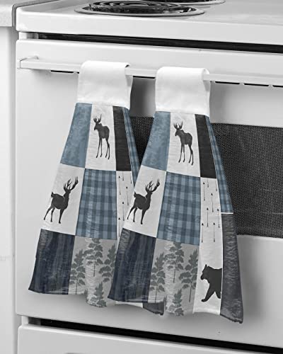 Retro Countryside Bear Moose Woods Hand Towel with Hanging Loop, Grey Blue Buffalo Plaid Hanging Tie Towels Set 2 Pcs, Kitchen Absorbent Towel for Bathroom Tea Bar Laundry