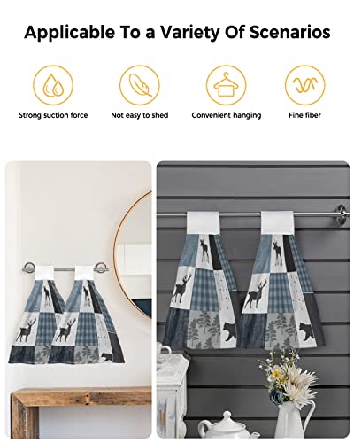 Retro Countryside Bear Moose Woods Hand Towel with Hanging Loop, Grey Blue Buffalo Plaid Hanging Tie Towels Set 2 Pcs, Kitchen Absorbent Towel for Bathroom Tea Bar Laundry