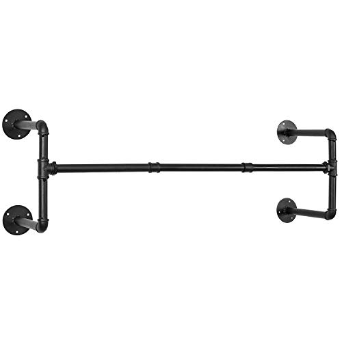 MyGift Wall Mounted Industrial Black Metal Clothes Rod Rack Hanging Garment Bar with Realistic Pipe Bar for Closet Storage and Retail Display