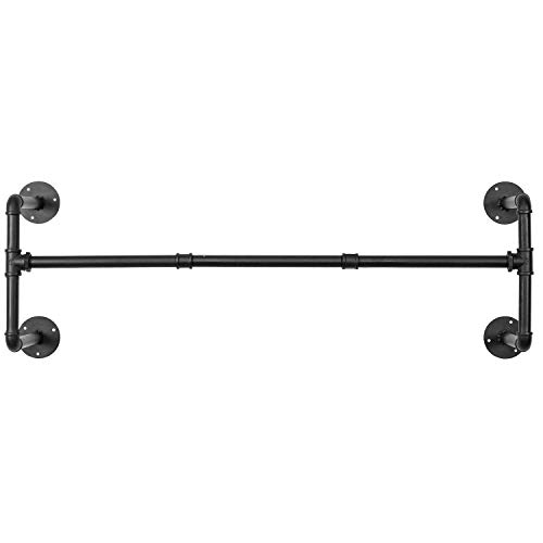MyGift Wall Mounted Industrial Black Metal Clothes Rod Rack Hanging Garment Bar with Realistic Pipe Bar for Closet Storage and Retail Display