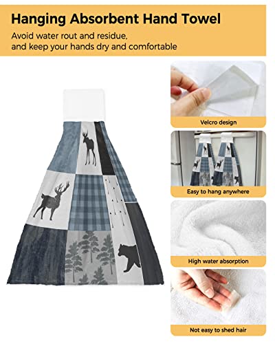 Retro Countryside Bear Moose Woods Hand Towel with Hanging Loop, Grey Blue Buffalo Plaid Hanging Tie Towels Set 2 Pcs, Kitchen Absorbent Towel for Bathroom Tea Bar Laundry