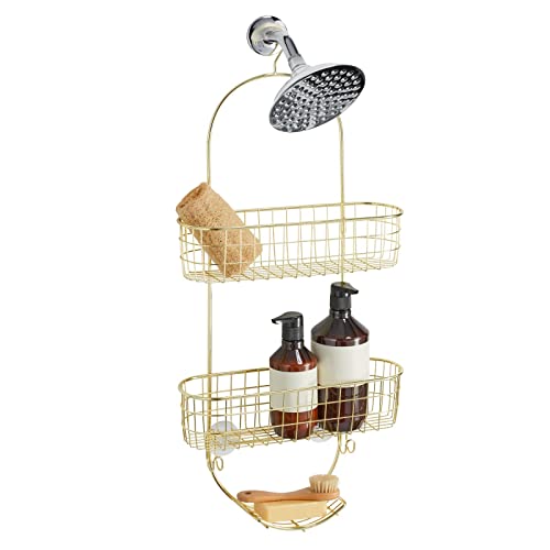mDesign Steel Metal Curved Bathroom/Shower Caddy, Hanging Storage Organizer for Shampoo and Conditioner Bottles - 2-Tier Rack with Baskets - Holder for Soap, Body Wash, Concerto Collection, Soft Brass