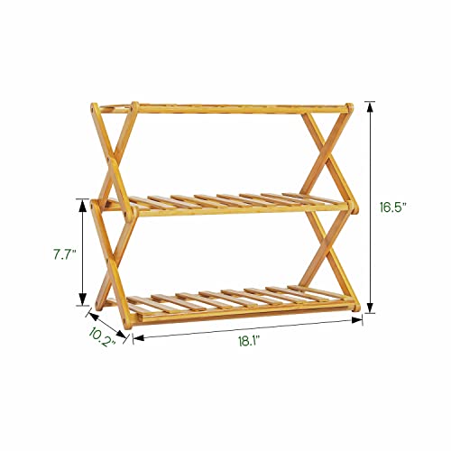 MoNiBloom Foldable Bamboo Shoe Organizer Rack, 3-Tier Shoes Shelf Storage Organize for 6-10 Pairs Installation-Free for Entryway, Hallway, Bedroom, Natural
