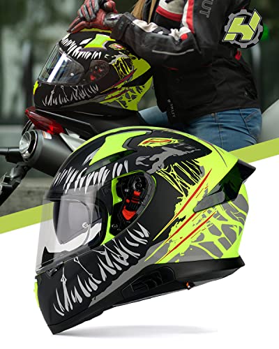 HAX Full Face Motorcycle DOT Approved Helmet with Dual Rear Wing and Pinlock Ready - Lightweight and Durable Motorbike Street Bike Helmet for Adults (Impulse Devour Yellow,S)