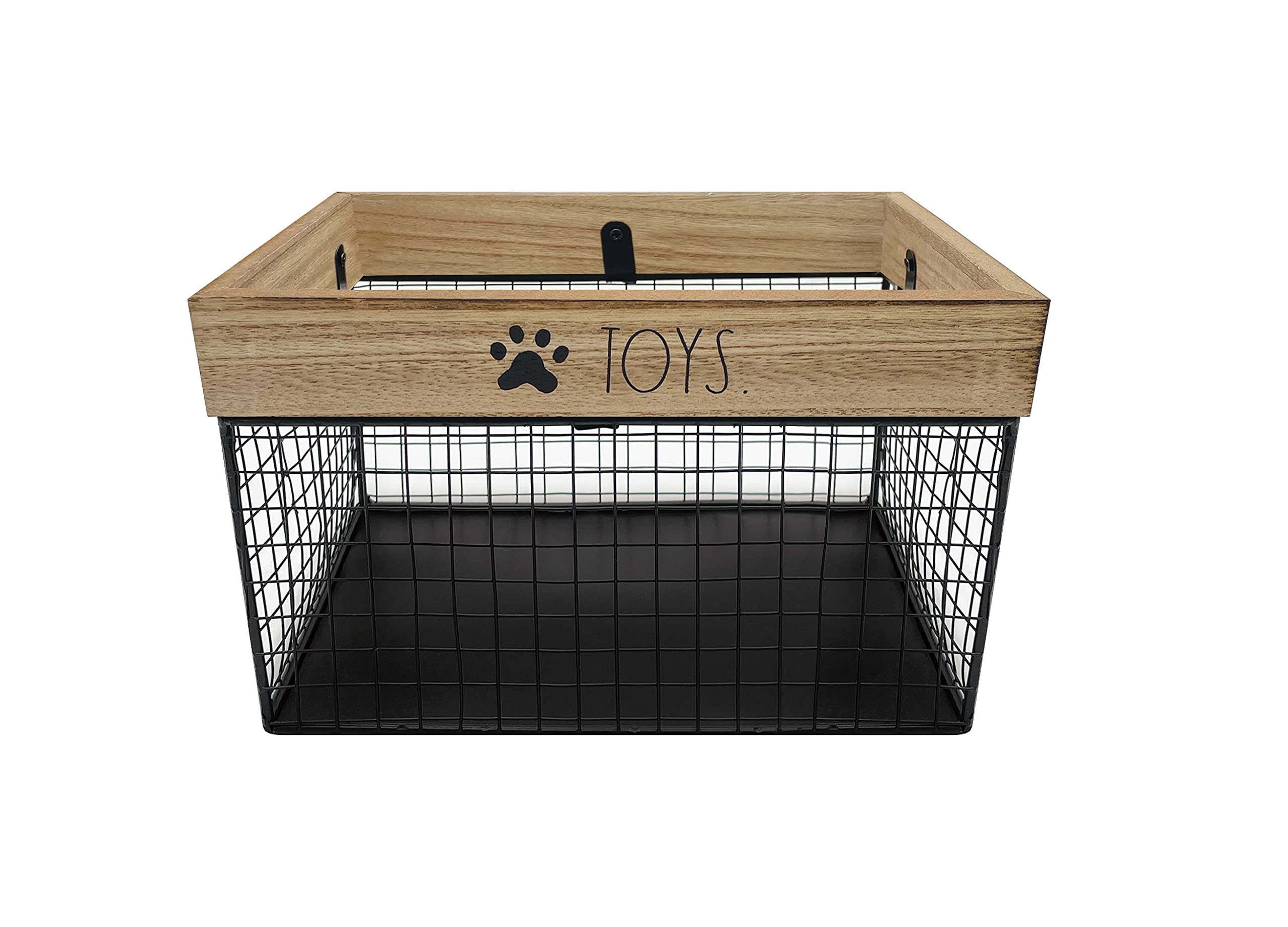 Small Pet Toy Basket - Metal and Wood Dog Toy Storage Basket - Small Cat and Dog Toy Bin Storage Organizer for Puppy Leash, Blanket, Food, Accessories - Container Baskets for Dog, 9.75" x 8" x 6"
