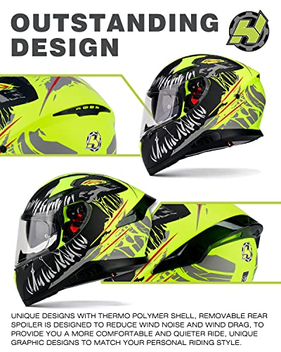 HAX Full Face Motorcycle DOT Approved Helmet with Dual Rear Wing and Pinlock Ready - Lightweight and Durable Motorbike Street Bike Helmet for Adults (Impulse Devour Yellow,S)