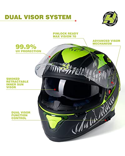 HAX Full Face Motorcycle DOT Approved Helmet with Dual Rear Wing and Pinlock Ready - Lightweight and Durable Motorbike Street Bike Helmet for Adults (Impulse Devour Yellow,S)