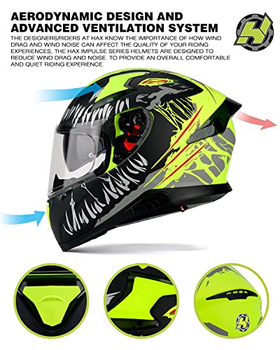 HAX Full Face Motorcycle DOT Approved Helmet with Dual Rear Wing and Pinlock Ready - Lightweight and Durable Motorbike Street Bike Helmet for Adults (Impulse Devour Yellow,S)