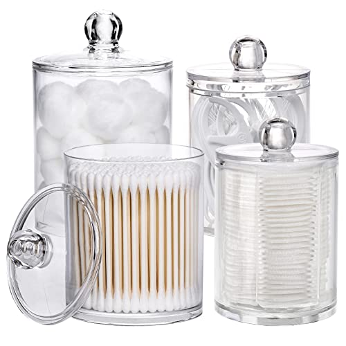 Tbestmax 12 oz, 10 oz Qtip Holder, 4 Pcs Clear Restroom Bathroom Organizers and Storage Containers for Cotton Ball, Cotton Swab, Cotton Round Pads, Floss, Plastic Apothecary Jars Set with Lids