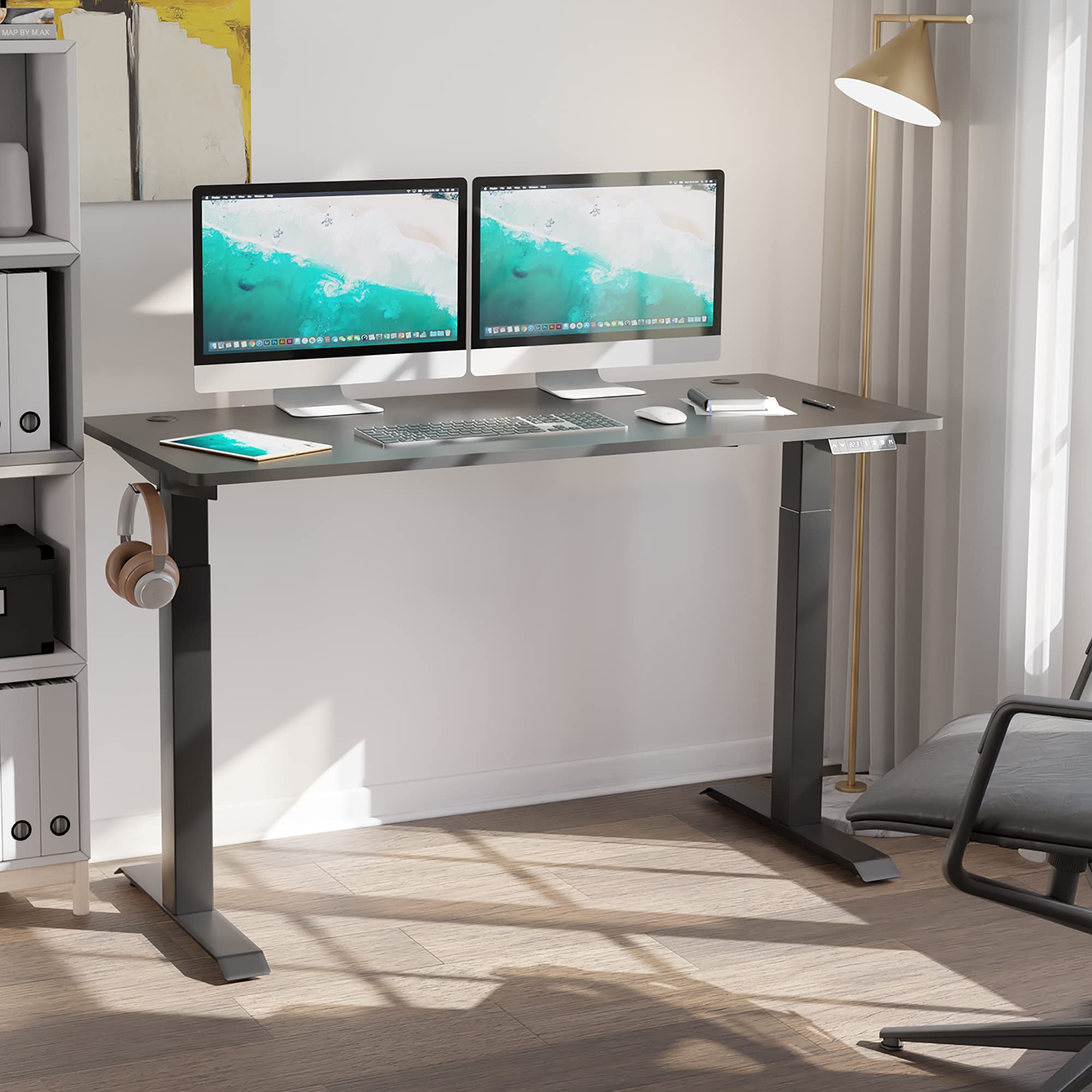 Walsunny Electric Height Adjustable Standing Desk, 63 x 24 Inches Splice Board, Sit Stand Up Computer Table with Memory Preset Controller for Home, Office,Black Frame/Black Top