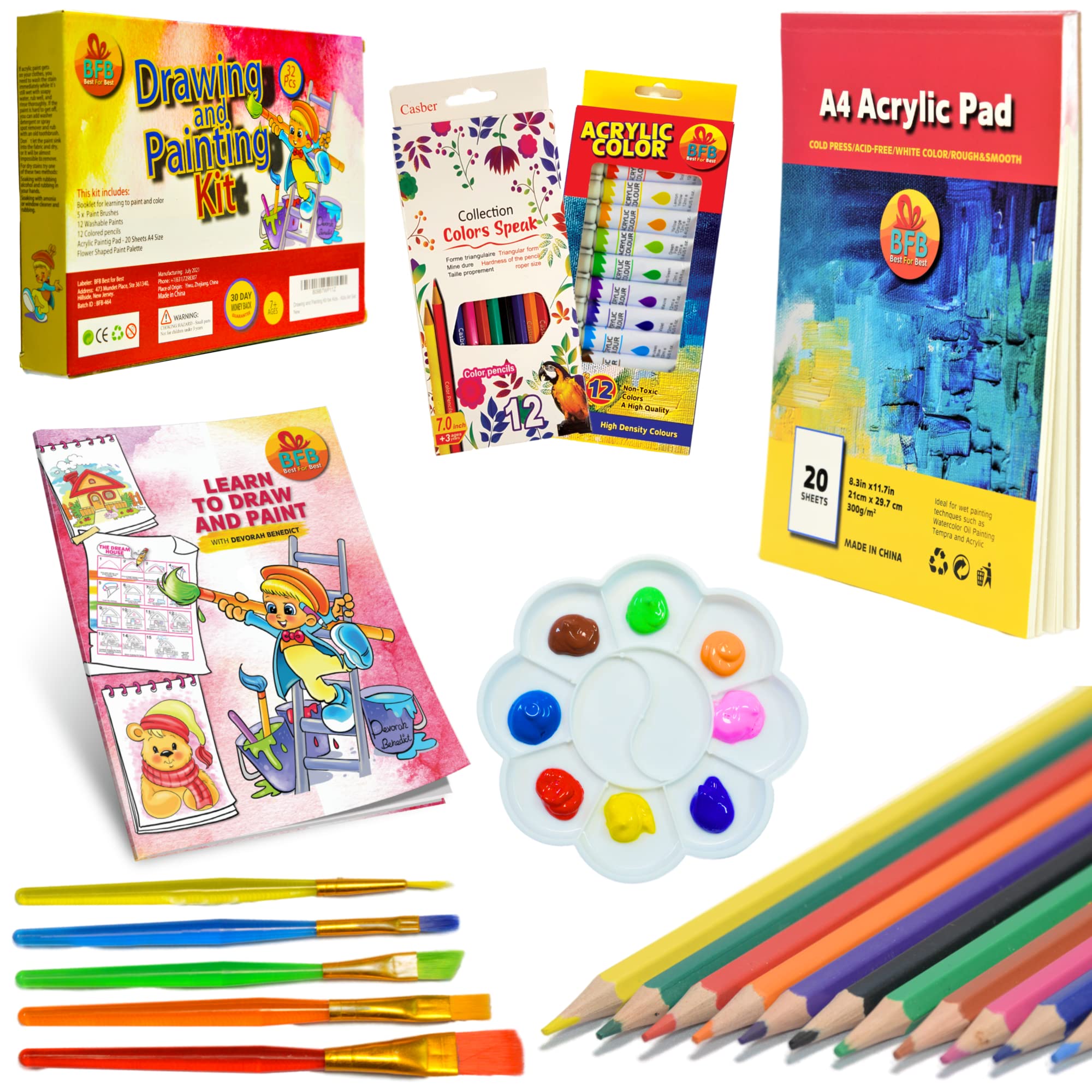 BFB Paint Set for Kids with Learn How to Draw Booklet - 32 Painting Supplies Kids Painting Kit, Premium Paint Kit for Children, Kids Paint Set Art and Painting Supplies Canvas Paint Set for Kids 7+