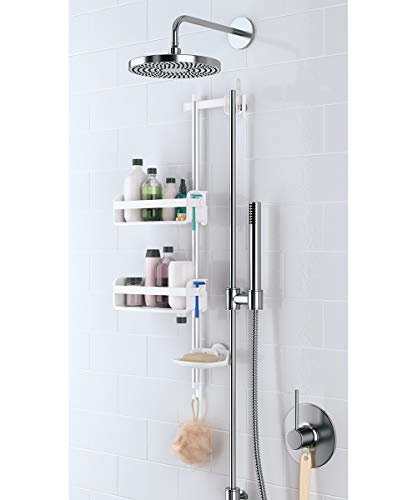 Umbra Flipside Flex Pole Shower Caddy, Adjustable Shower Caddy with Flex Gel-Lock Technology, Works on Rail and Hand-Held Showers, White/Nickel Finish