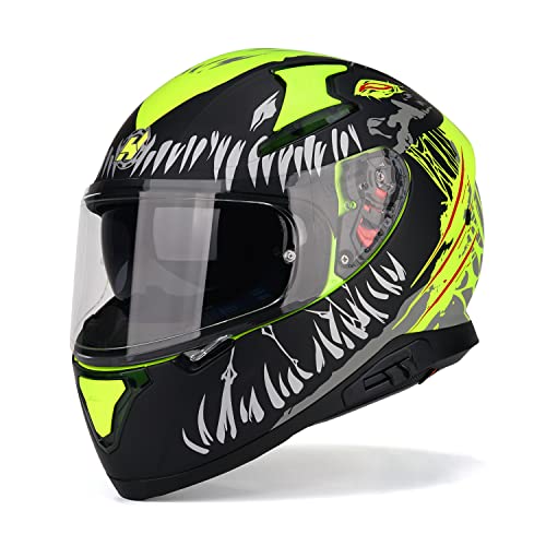 HAX Full Face Motorcycle DOT Approved Helmet with Dual Rear Wing and Pinlock Ready - Lightweight and Durable Motorbike Street Bike Helmet for Adults (Impulse Devour Yellow,S)