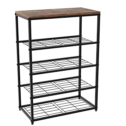 C&AHOME 5 Tier Metal Shoe Rack, 5 Tiers Shoe Rack, Storage Rack with 4 Metal Mesh Shelves and Top Board, Narrow Shoe Organizer for Closet Entryway, Free Standing Shoe Rack, Rustic Brown USRMW05RB