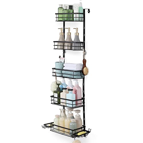 Over the Door Shower Caddy, 5-Tier Adjustable Hanging Shower Organizer Rustproof Metal Bathroom Storage Shelf Shower Basket with Soap Holder & Suction Cup for Shampoo, Conditioner