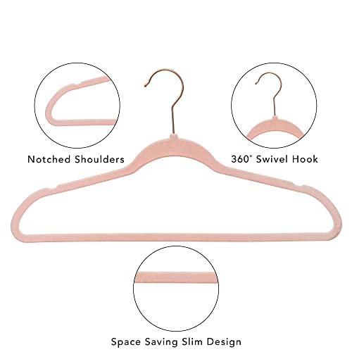 100 Pack Clothing Hangers for Coats, Pants & Dress Clothes, Non-Slip Velvet Heavy Duty Durable Coat and Clothes Hangers 360 Degree Swivel,Lightweight, Space Saving Laundry Hangers, Pink
