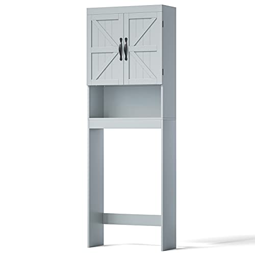 SRIWATANA Over The Toilet Storage Cabinet, Bathroom Organizer with Adjustable Shelf, 2-Door Toilet Storage Rack, Gray