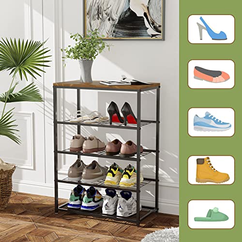 C&AHOME 5 Tier Metal Shoe Rack, 5 Tiers Shoe Rack, Storage Rack with 4 Metal Mesh Shelves and Top Board, Narrow Shoe Organizer for Closet Entryway, Free Standing Shoe Rack, Rustic Brown USRMW05RB