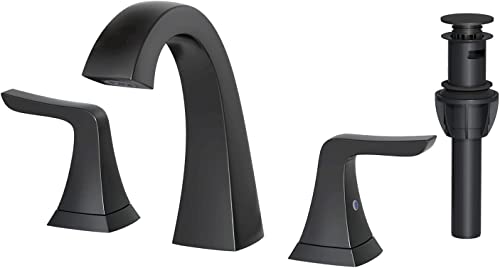 Bathroom Sink Faucet, Black Bathroom Faucets, Widespread Bathroom Faucet for Sink 3 Hole - 2-Handles Faucet with Pop Up Drain Assembly and 2 Water Supply Lines Faucets for RV Bath Vanity