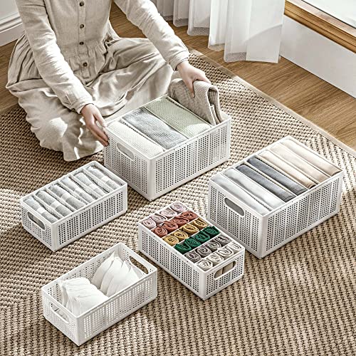 UNZIPE 8 Cube 32 Pairs Plastic Freestanding Shoe Rack Storage Cabinet Bundle with 2 Pack Plastic Closet Storage Bins with Handle