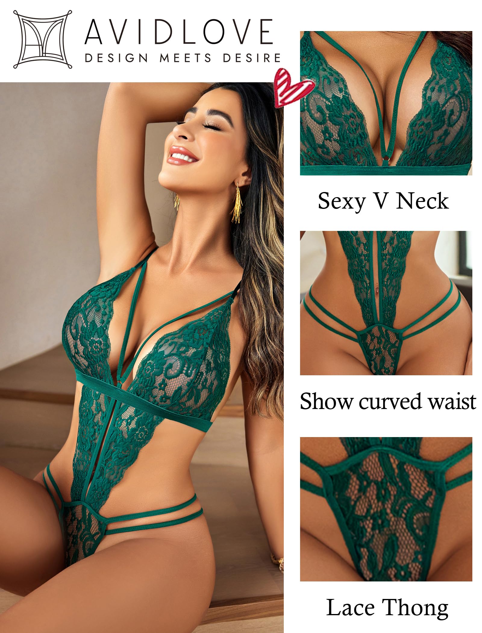 Avidlove Women Lingerie Lace Bodysuit Deep V Teddy One Piece Lace Babydoll Dark Green Medium