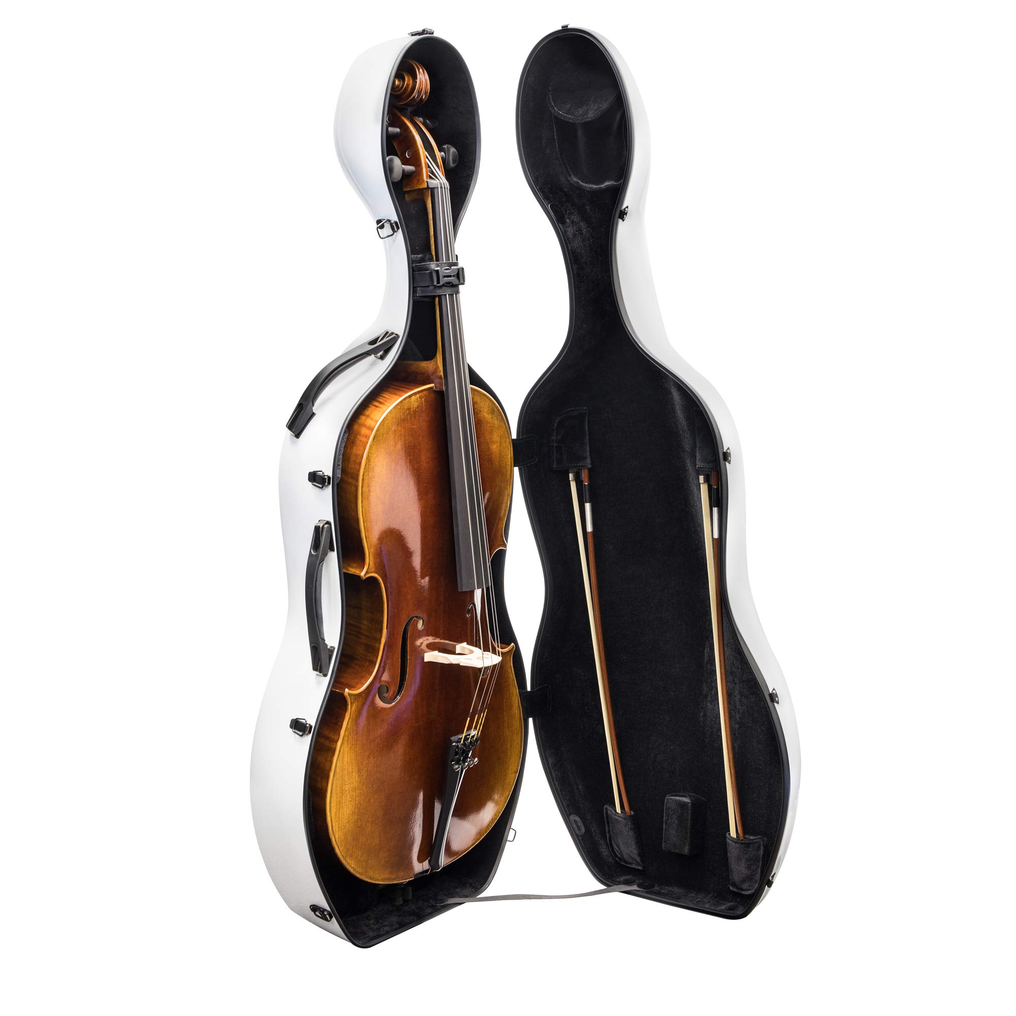 MI&VI CC-7002WB Classic Carbon Fiber Composite Cello Case (Full Size) 4/4 with Wheels | Carry Straps | 12.5lb Lightweight | Tough Shell (White + Bag)