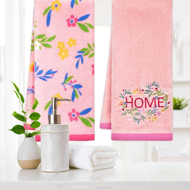 VOOVA & MOVAS Pink Hand Towels - 4 Pack, 100% Soft Cotton, (16x25 Inches) Decorative Kitchen Towel with Gift Packed, Ideal for Home Decor, Bathroom | Kitchen Use, Floral Pink