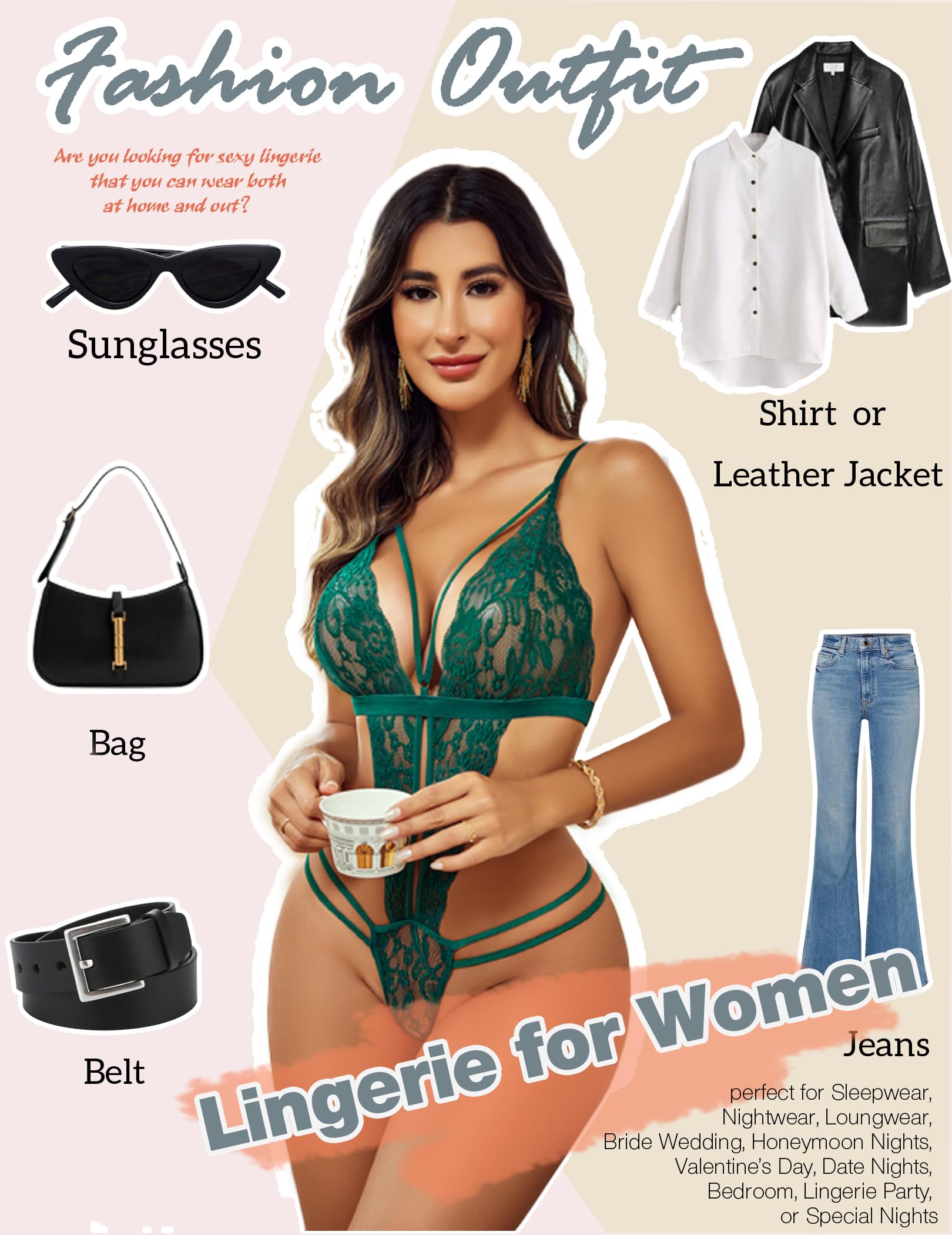 Avidlove Women Lingerie Lace Bodysuit Deep V Teddy One Piece Lace Babydoll Dark Green Medium