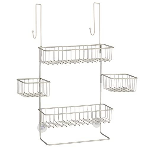 mDesign Steel Shower Caddy Hanging Shelf Rack Storage Organizer 4 Baskets, 2 Hooks for Bathroom, Dorm - Holds Shampoo, Conditioner, Soap Dispenser, Sponge - Klypon Collection - Matte Satin