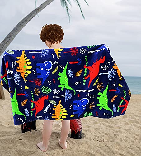 YIFONTIN Beach Towel for Kids, Velour Blanket Throw 24x48 inches 100% Cotton for Bath Swim Camping, Dinosaur.