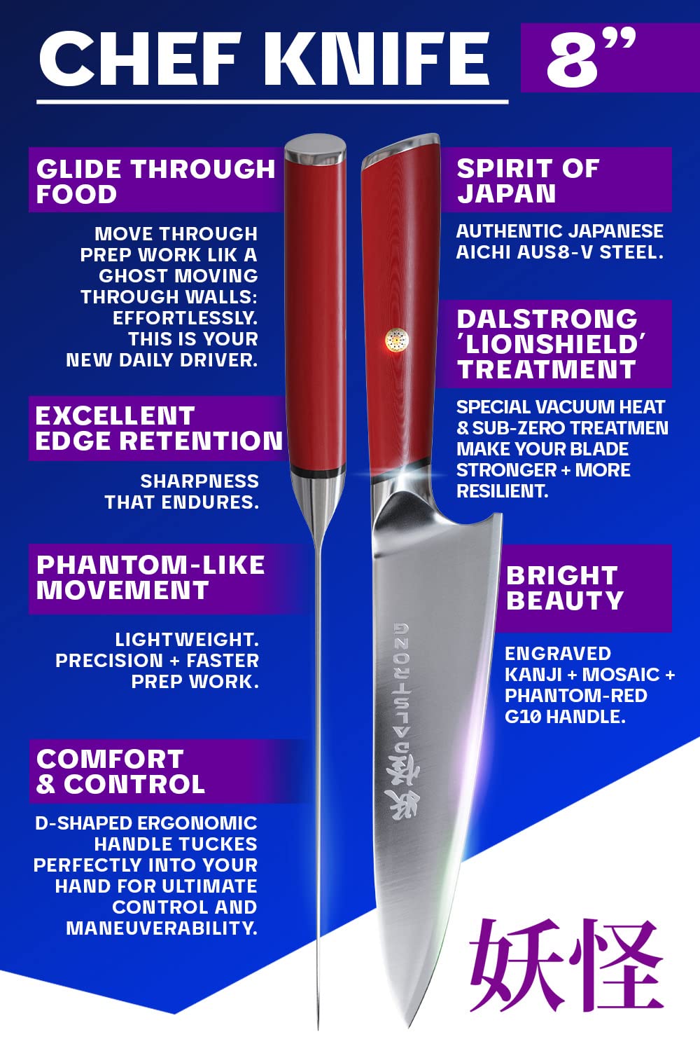 Dalstrong Chef Knife - 8 inch - Phantom Series - Japanese High-Carbon AUS8 Steel Kitchen Knife - Red G10 Handle - Cooking Knife - Kitchen Knife - w/Sheath