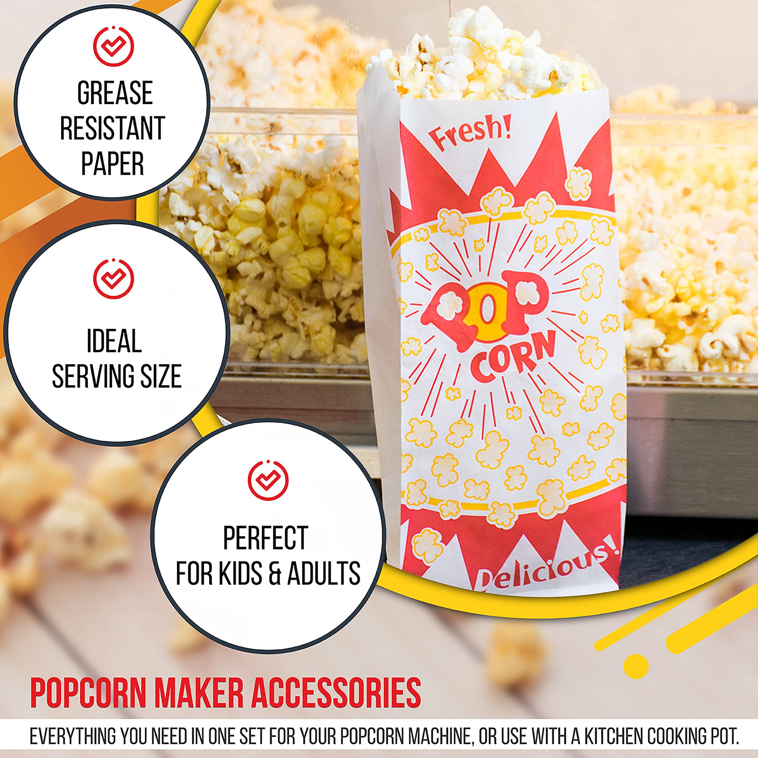 Popcorn Machine Supplies Set Refill, 10 Bags Of Popcorn Kernels Kit (Large Butterfly Kernels, Salt Seasoning, and Popcorn Oil), 200 Popcorn Bags (1 oz. Paper)