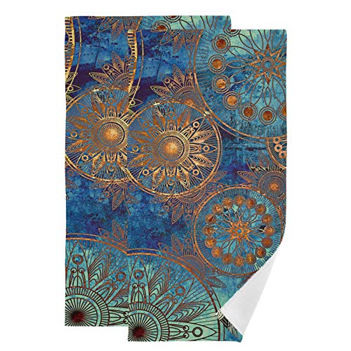 Oyihfvs Damask with Circles Flowers in Blue, Orange and Gold 2 Pieces Face Towel, Highly Absorbent Cotton Dish Hand Towels, Soft Washcloth for Spa Bathroom Hotel Kitchen Beach Gym Yoga