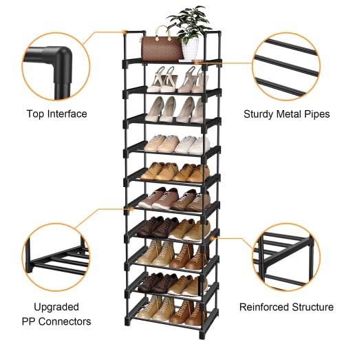 NYLBRT Upgrade 10 Tier Shoe Racks, Metal Stackable Shoe Rack Organizer for 20-25 Pairs Shoe and Boots, Tall Narrow Shoe Shelf for Entryway, Closet, Garage, Bedroom, Cloakroom, Black