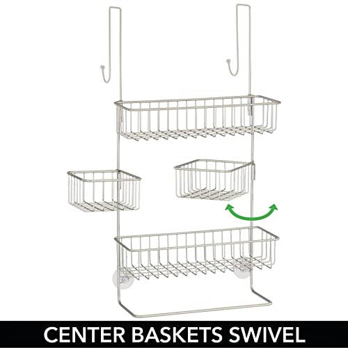 mDesign Steel Shower Caddy Hanging Shelf Rack Storage Organizer 4 Baskets, 2 Hooks for Bathroom, Dorm - Holds Shampoo, Conditioner, Soap Dispenser, Sponge - Klypon Collection - Matte Satin
