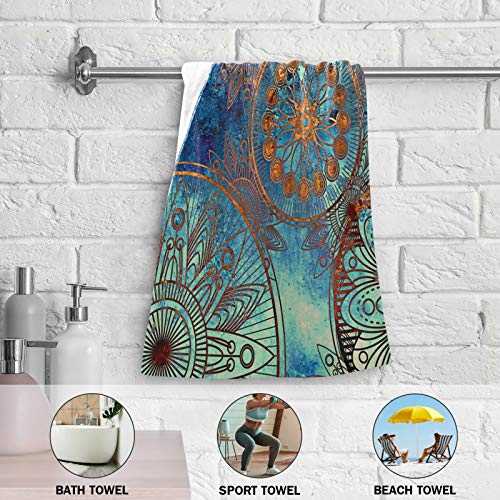 Oyihfvs Damask with Circles Flowers in Blue, Orange and Gold 2 Pieces Face Towel, Highly Absorbent Cotton Dish Hand Towels, Soft Washcloth for Spa Bathroom Hotel Kitchen Beach Gym Yoga