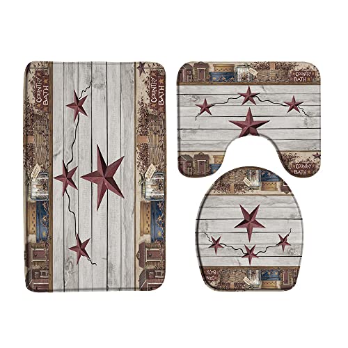 JJYPPY 3 Piece Rustic Farmhouse Bath Mat Rusty Western Texas Star Vintage Southwestern Country Primitive Outhouse Cabin Retro Garage Wooden Board Barn Door Garage Bathroom Mat Bath Decoration Rugs