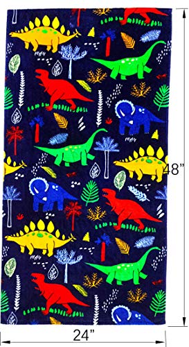 YIFONTIN Beach Towel for Kids, Velour Blanket Throw 24x48 inches 100% Cotton for Bath Swim Camping, Dinosaur.