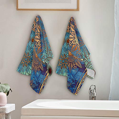 Oyihfvs Damask with Circles Flowers in Blue, Orange and Gold 2 Pieces Face Towel, Highly Absorbent Cotton Dish Hand Towels, Soft Washcloth for Spa Bathroom Hotel Kitchen Beach Gym Yoga