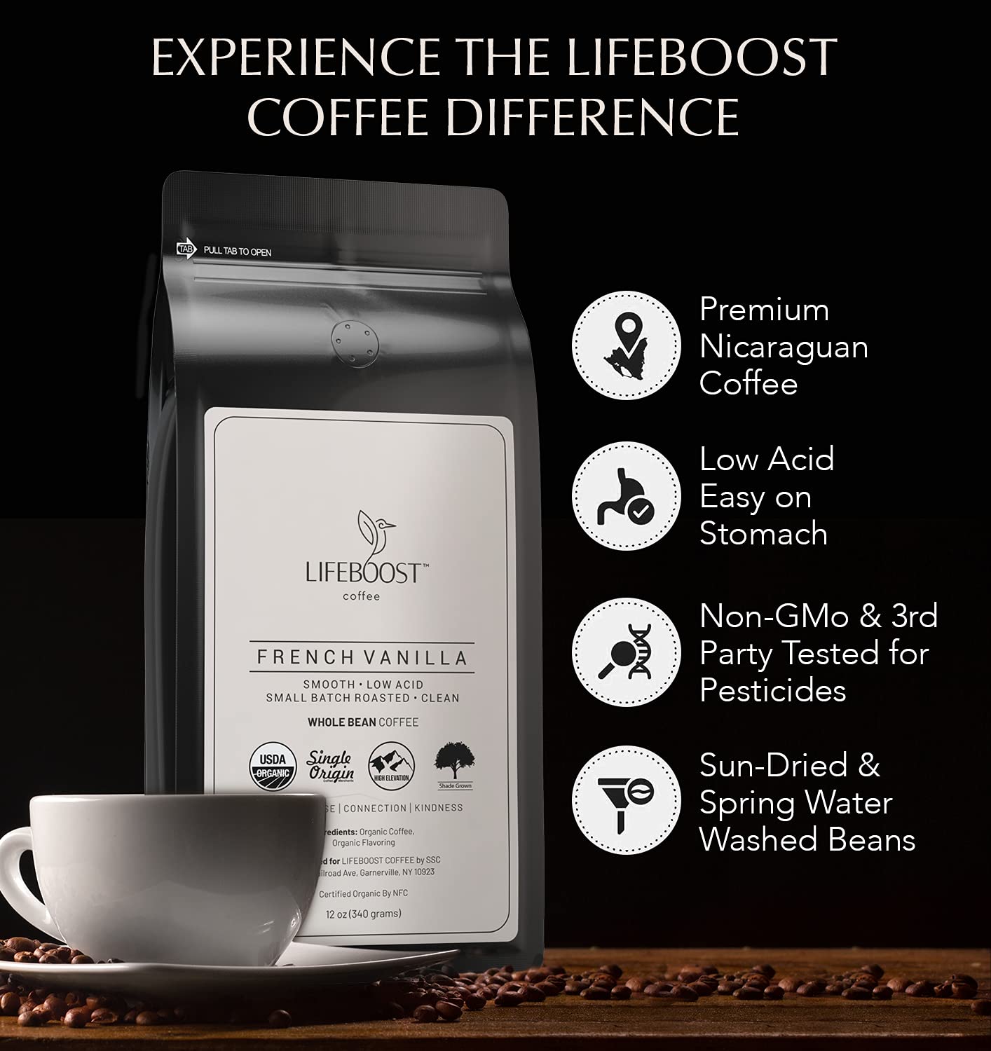 Lifeboost Coffee Whole Bean French Vanilla Coffee - Low Acid Single Origin Non-GMO Organic Coffee - Third Party Tested For Mycotoxins & Pesticides - 12 Ounces
